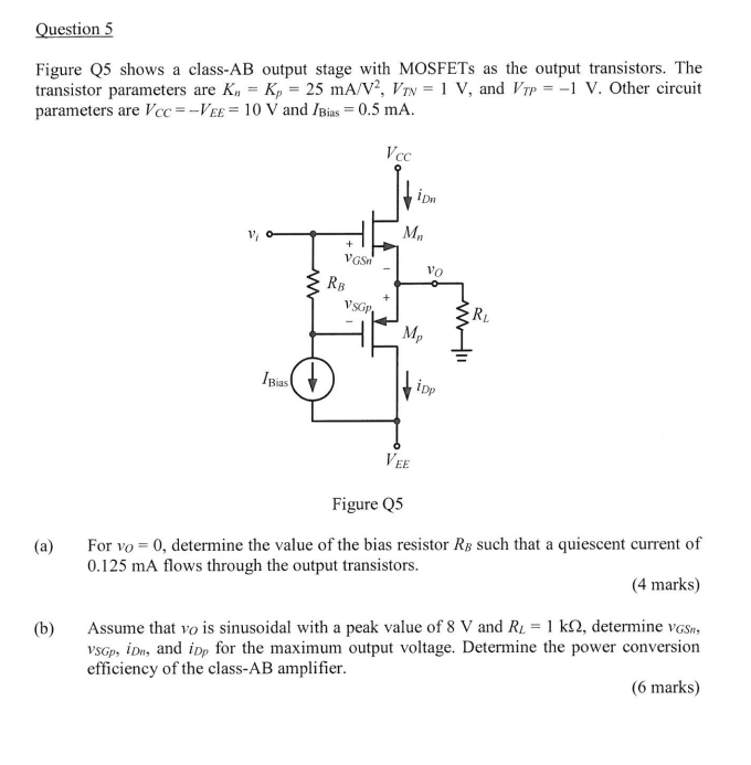 Solved Figure Q5 shows a class-AB output stage with MOSFETs | Chegg.com