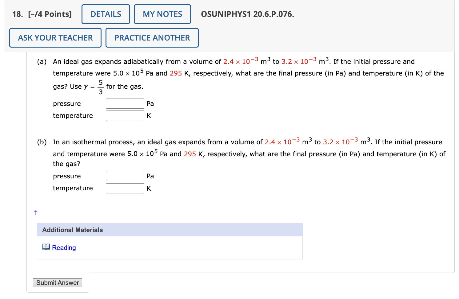 Solved (a) An ﻿ideal gas expands adiabatically from a volume | Chegg.com