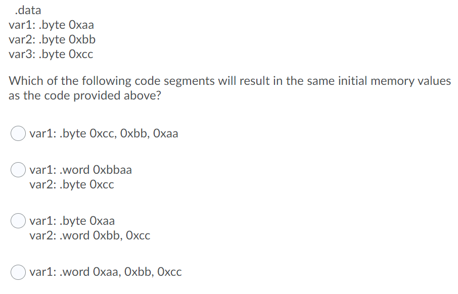 Solved .data var1: byte Oxaa var2: .byte Oxbb var3: .byte | Chegg.com