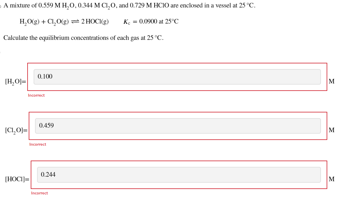 Solved H2O(g)+Cl2O(g)⇌2HOCl(g)Kc=0.0900 at 25∘C Calculate | Chegg.com