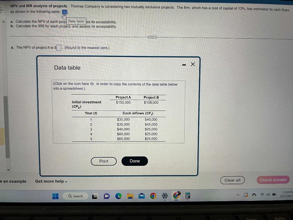 Solved NPV and IRR analysis of projects Thomas Company is | Chegg.com