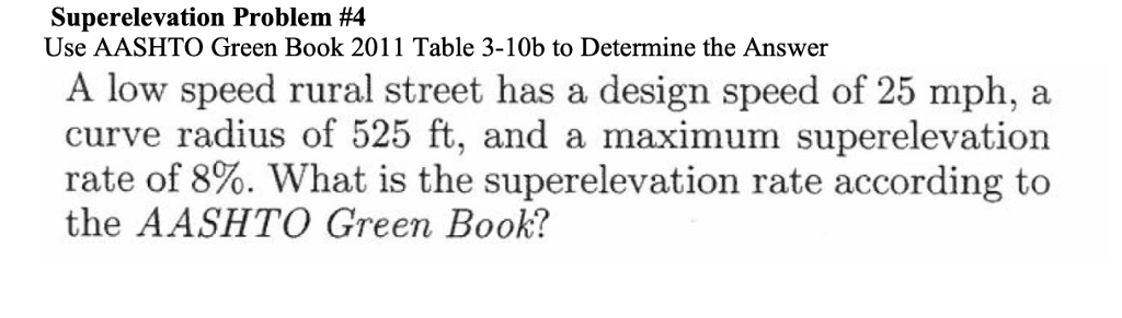Solved Superelevation Problem #4 Use AASHTO Green Book 2011 | Chegg.com