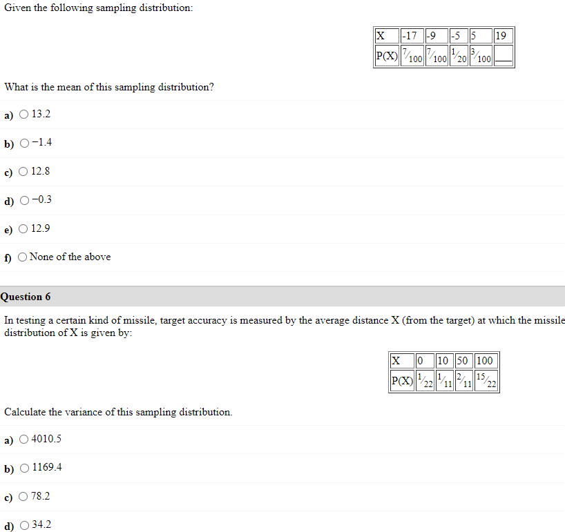 Solved Given the following sampling distribution: X -17 -9 | Chegg.com