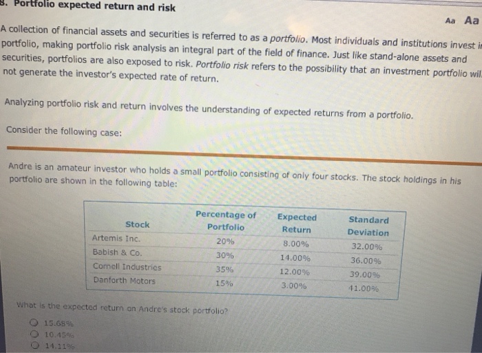 Solved Portfolio expected return and risk Aa Aa A collection | Chegg.com