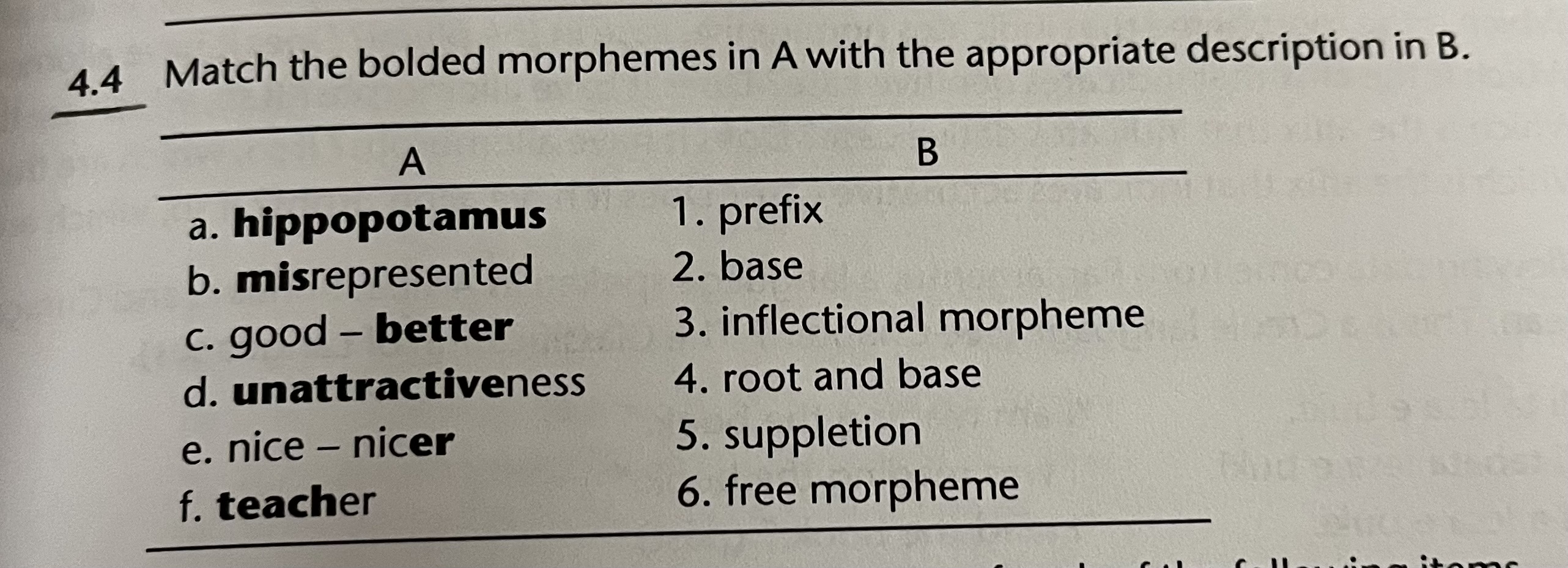 4.4 ﻿Match the bolded morphemes in A with the | Chegg.com