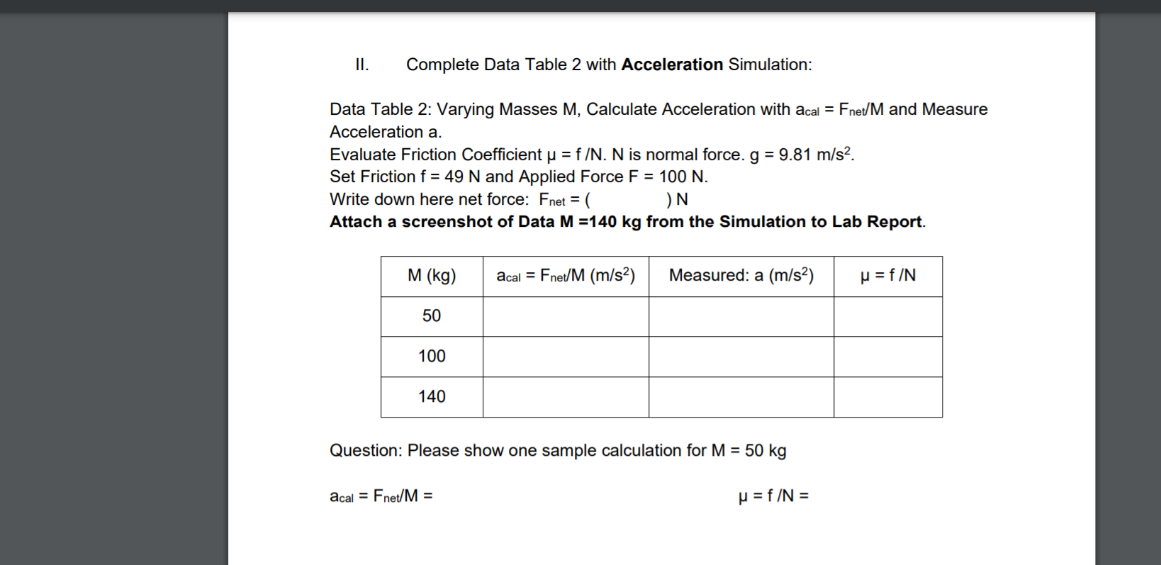 Solved II. Complete Data Table 2 with Acceleration | Chegg.com