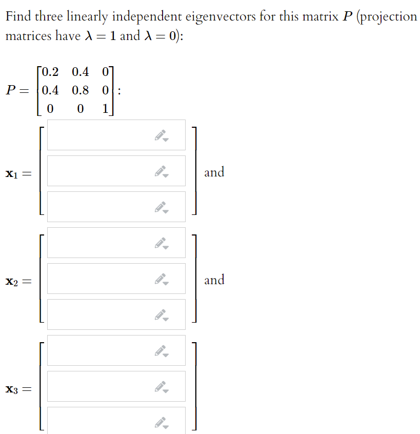 Solved Find three linearly independent eigenvectors for this | Chegg.com