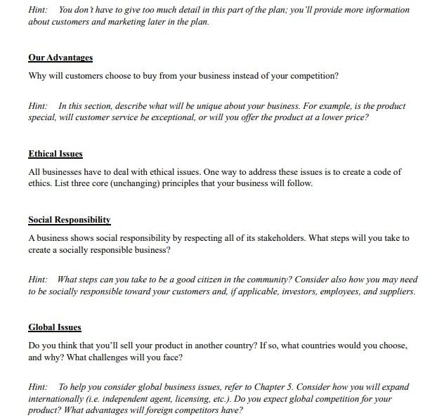 Solved Introduction to Business Business Plan project - | Chegg.com