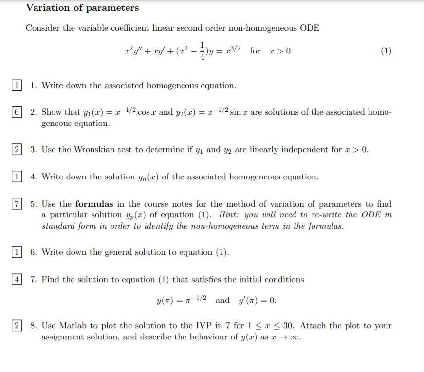 Solved Variation of parameters Consider the variable | Chegg.com