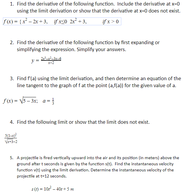 Solved 1. Find the derivative of the following function. | Chegg.com