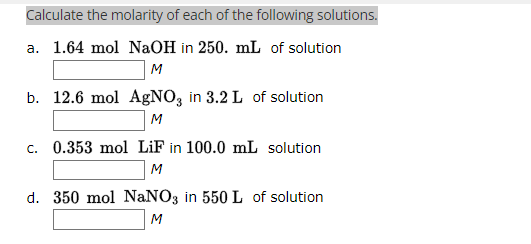 Solved Calculate the molarity of each of the following | Chegg.com