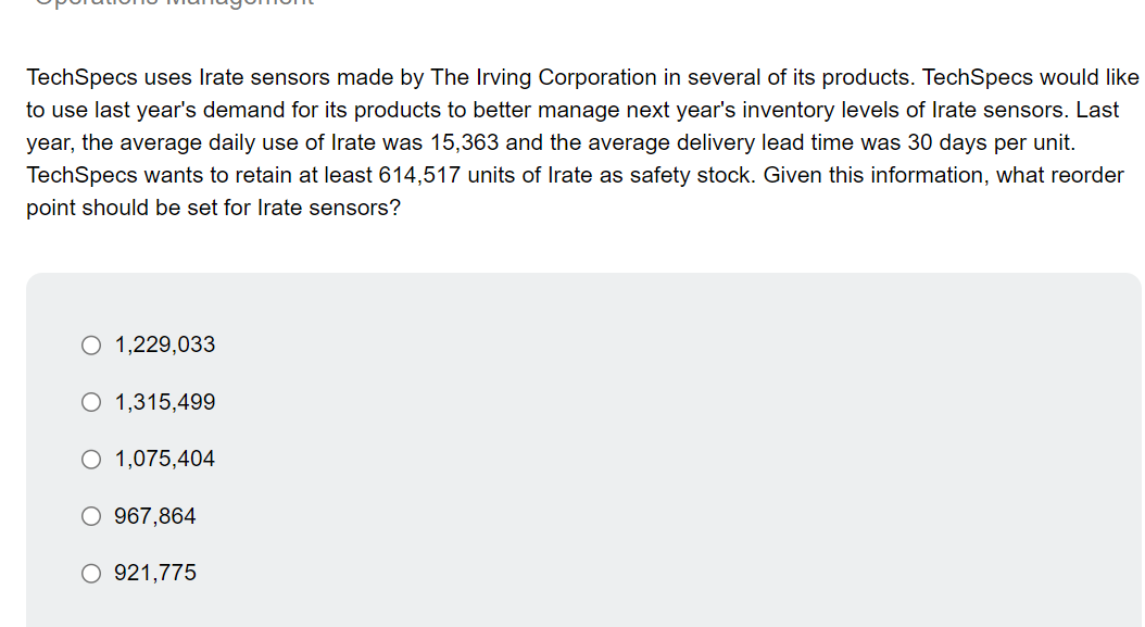 Solved TechSpecs uses Irate sensors made by The Irving | Chegg.com