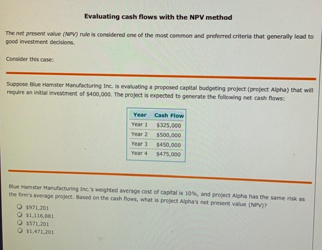 Solved Evaluating cash flows with the NPV method The net | Chegg.com