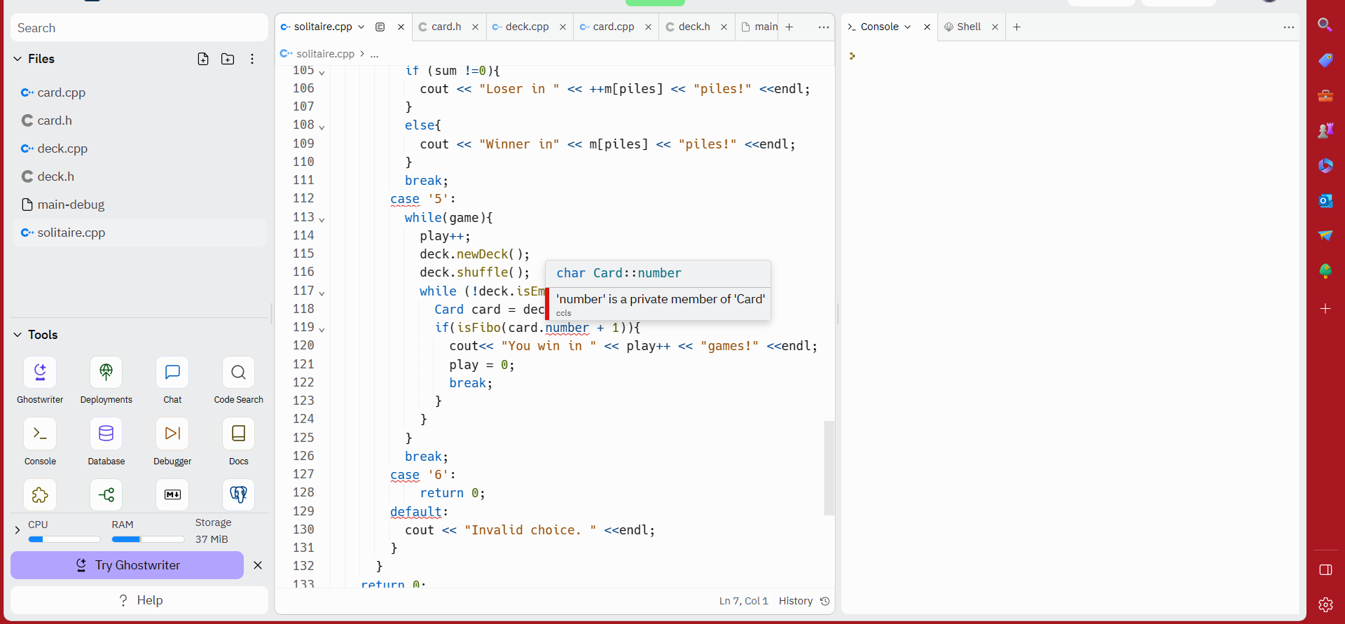 Solved C+ deck.cpp > ... 54 int j=i+(rand() \% (52−1)); Card | Chegg.com