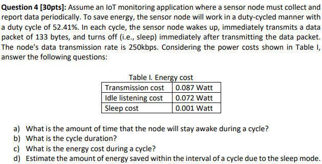 Solved Question 4 [30pts]: Assume an IoT monitoring | Chegg.com