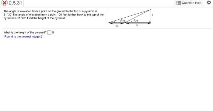 Solved 2.5.31 Question Help The angle of elevation from a | Chegg.com