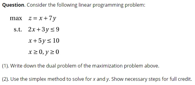Solved Question. Consider the following linear programming | Chegg.com