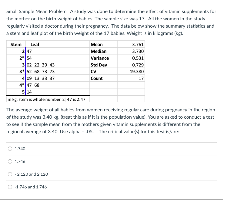 Solved Small Sample Mean Problem. A study was done to | Chegg.com