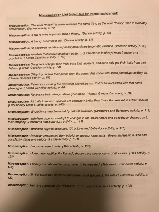 Solved Misconception List (select five for lournal | Chegg.com