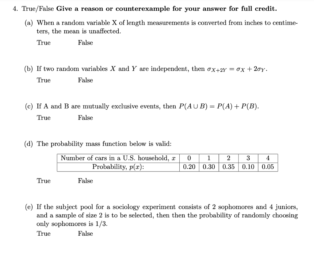Solved 4. True/False Give a reason or counterexample for | Chegg.com