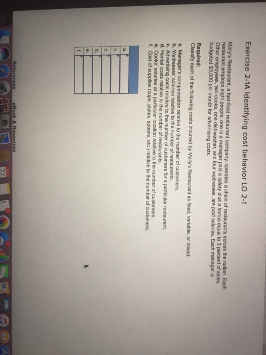 Solved: Exercise 2-1A Identifying Cost Behavior LO 2-1 Mol... | Chegg.com
