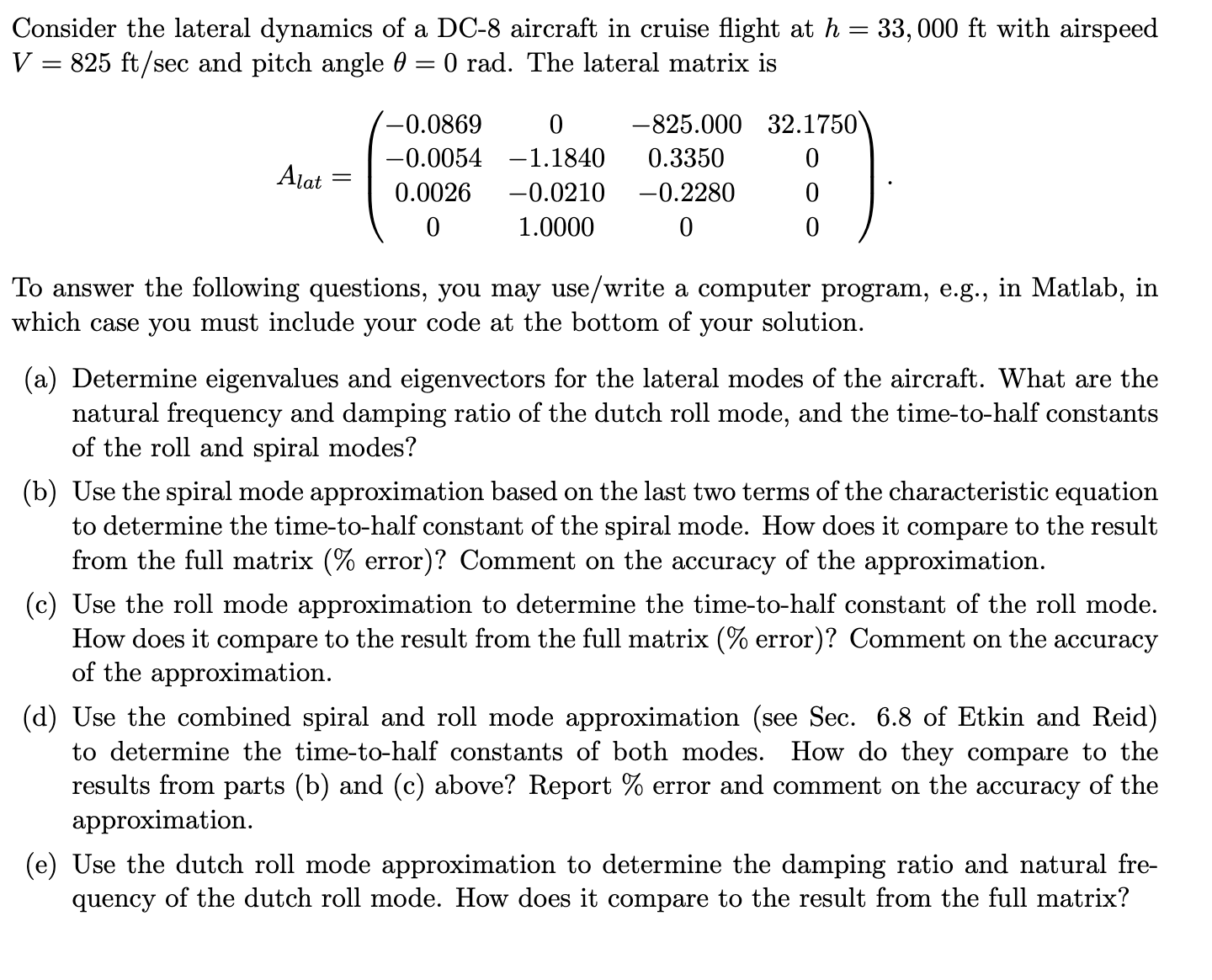 Solved Consider the lateral dynamics of a DC- 8 aircraft in | Chegg.com