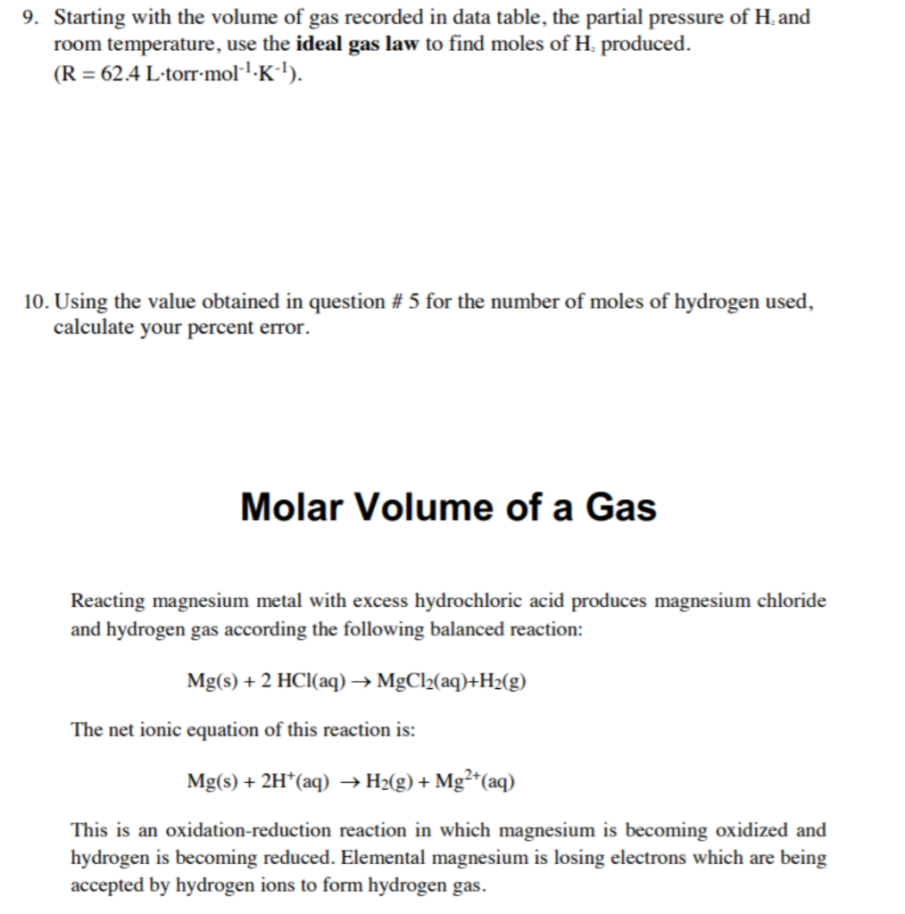 Solved Molar volume of a Gas Lab. 1. Mass of magnesium (to | Chegg.com