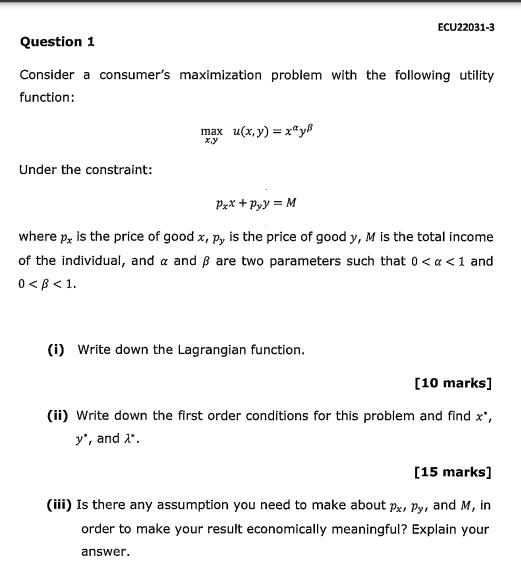 Solved Consider A Consumers Maximization Problem With The