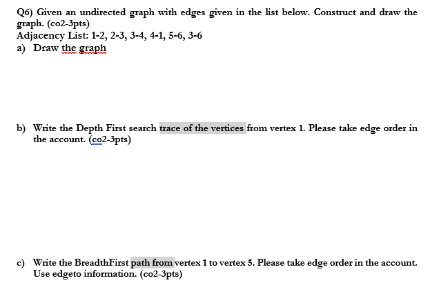 Solved 06) Given an undirected graph with edges given in the | Chegg.com