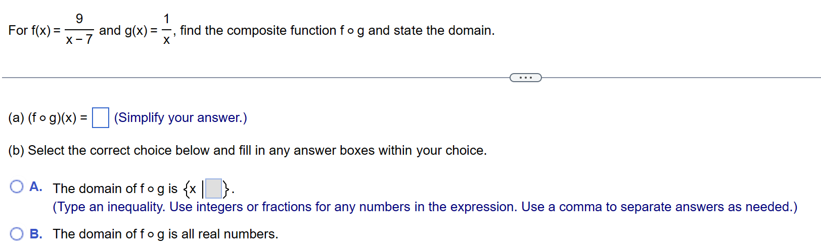 Solved For f(x)=x−79 and g(x)=x1, find the composite | Chegg.com