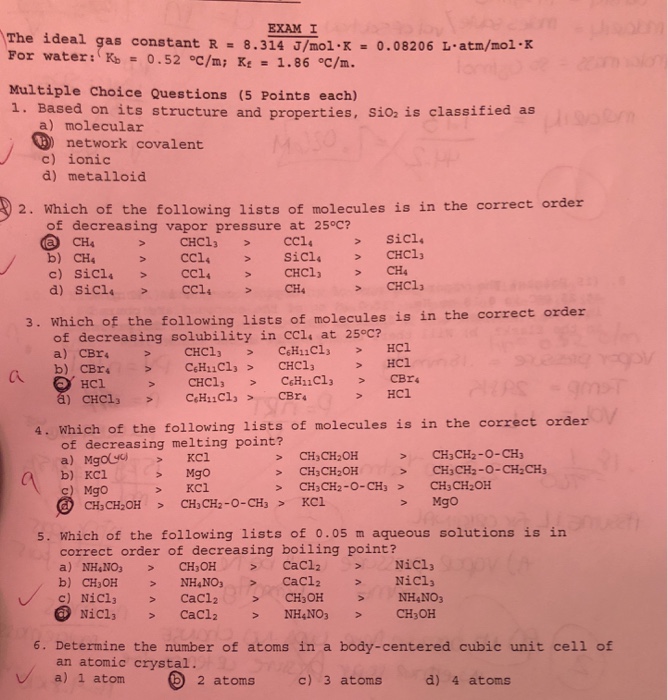 Solved EXAM I The ideal gas constant R 8.314 J/mol-K 0.08206 | Chegg.com