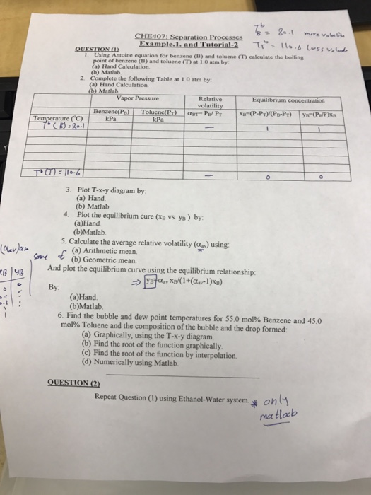CHE407: Separation Processes . Using Antoine equation | Chegg.com