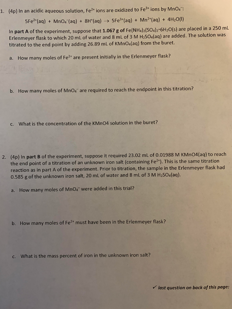 Solved 1. (4p) In an acidic aqueous solution, Fe2+ ions are | Chegg.com