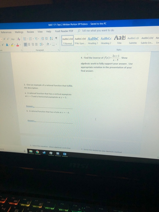 Solved MAT 171 Test 2 Written Portion SP19.docx -Saved to | Chegg.com