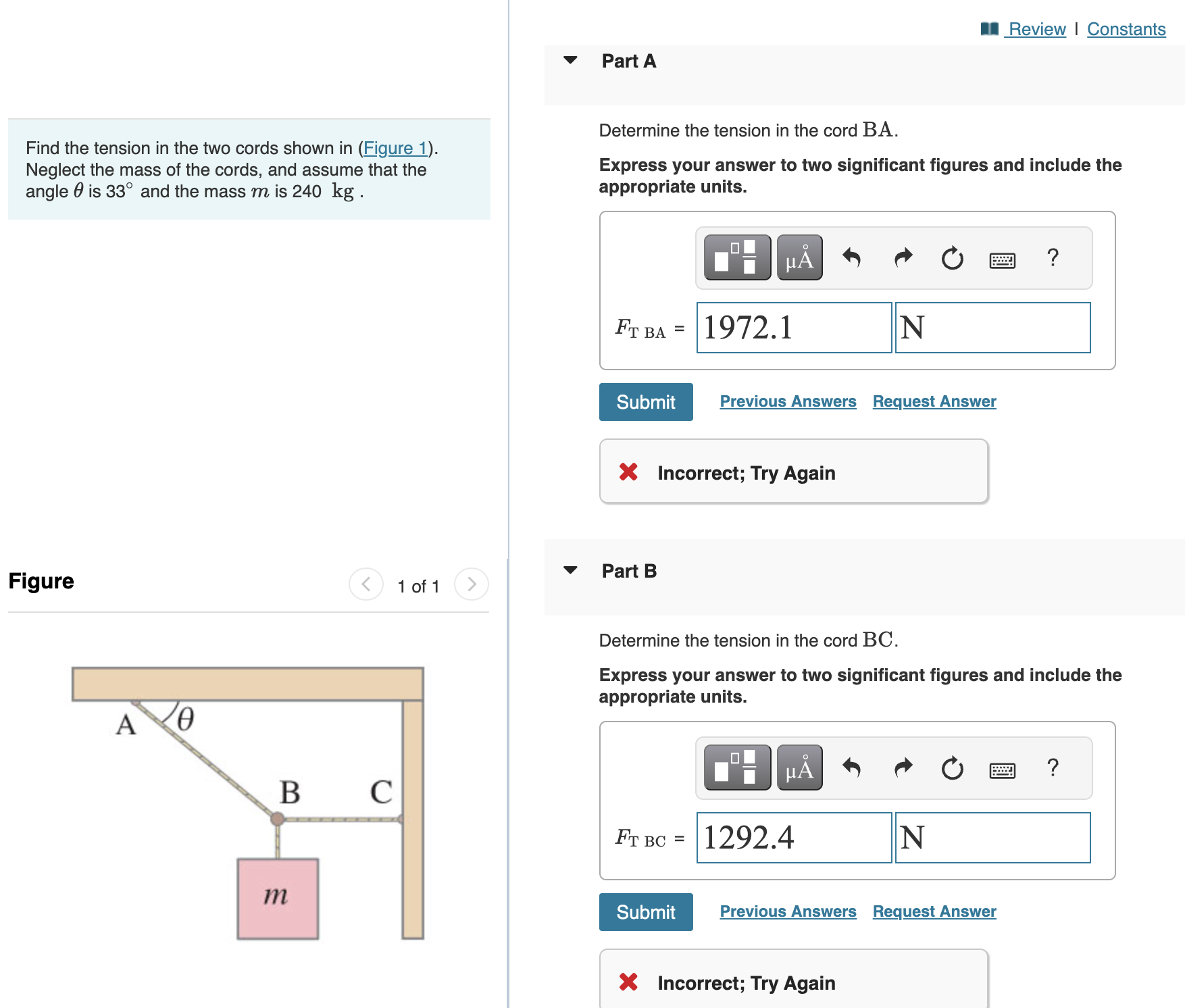 Solved Find the tension in the two cords shown in Neglect | Chegg.com