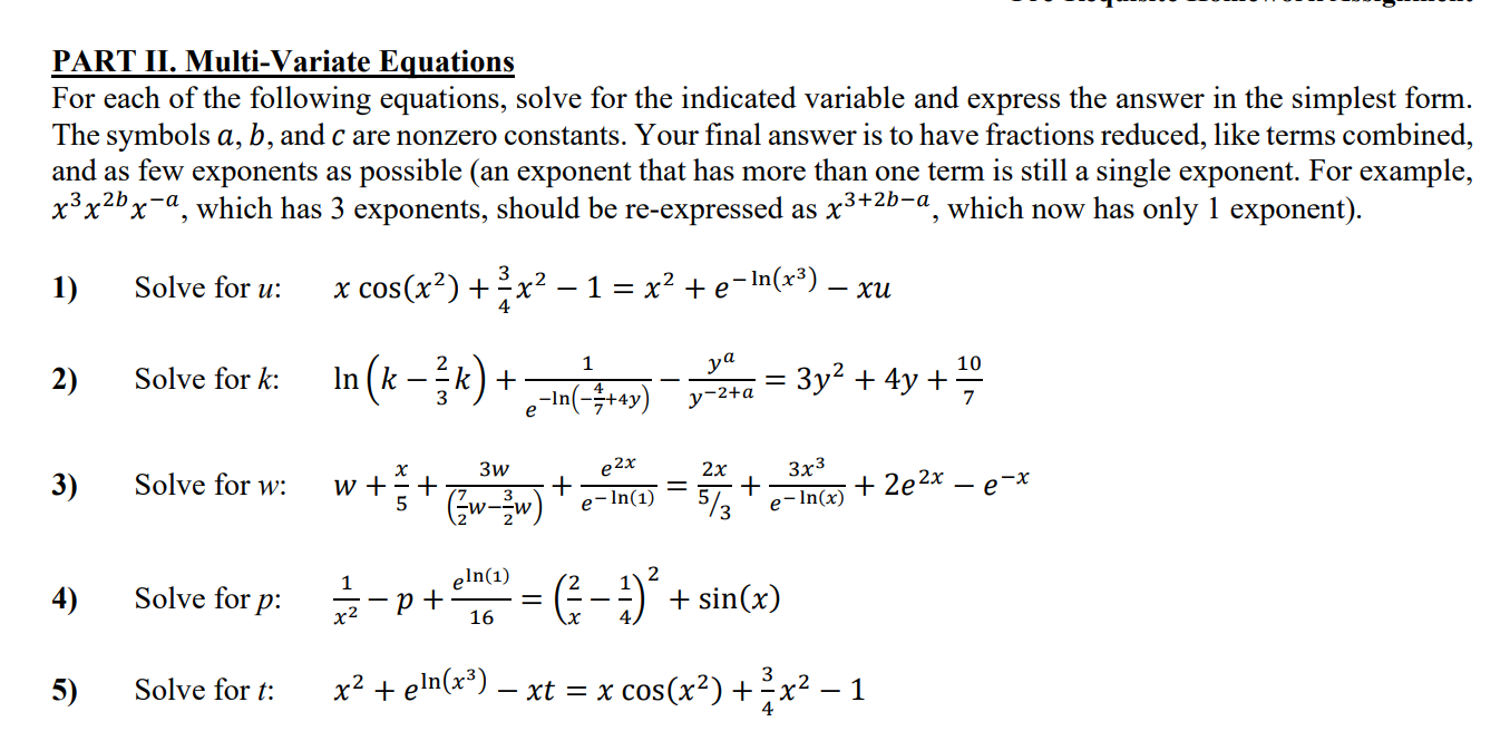 Solved PART II. Multi-Variate Equations For each of the | Chegg.com