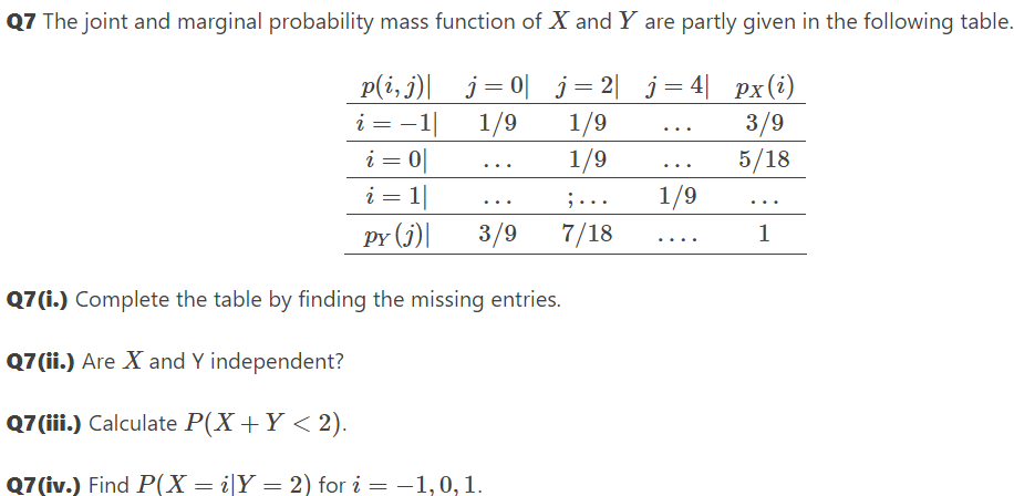 Solved Q7 The joint and marginal probability mass function | Chegg.com