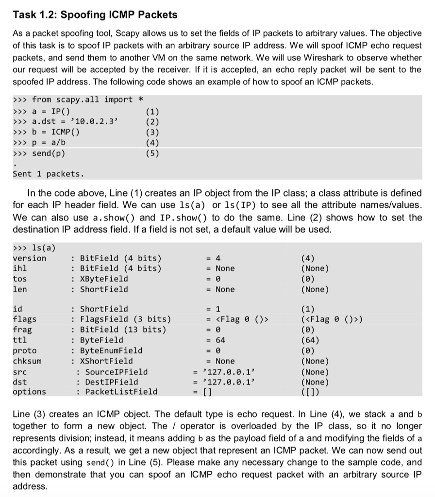 Solved Task 1.2: Spoofing ICMP Packets As a packet spoofing | Chegg.com