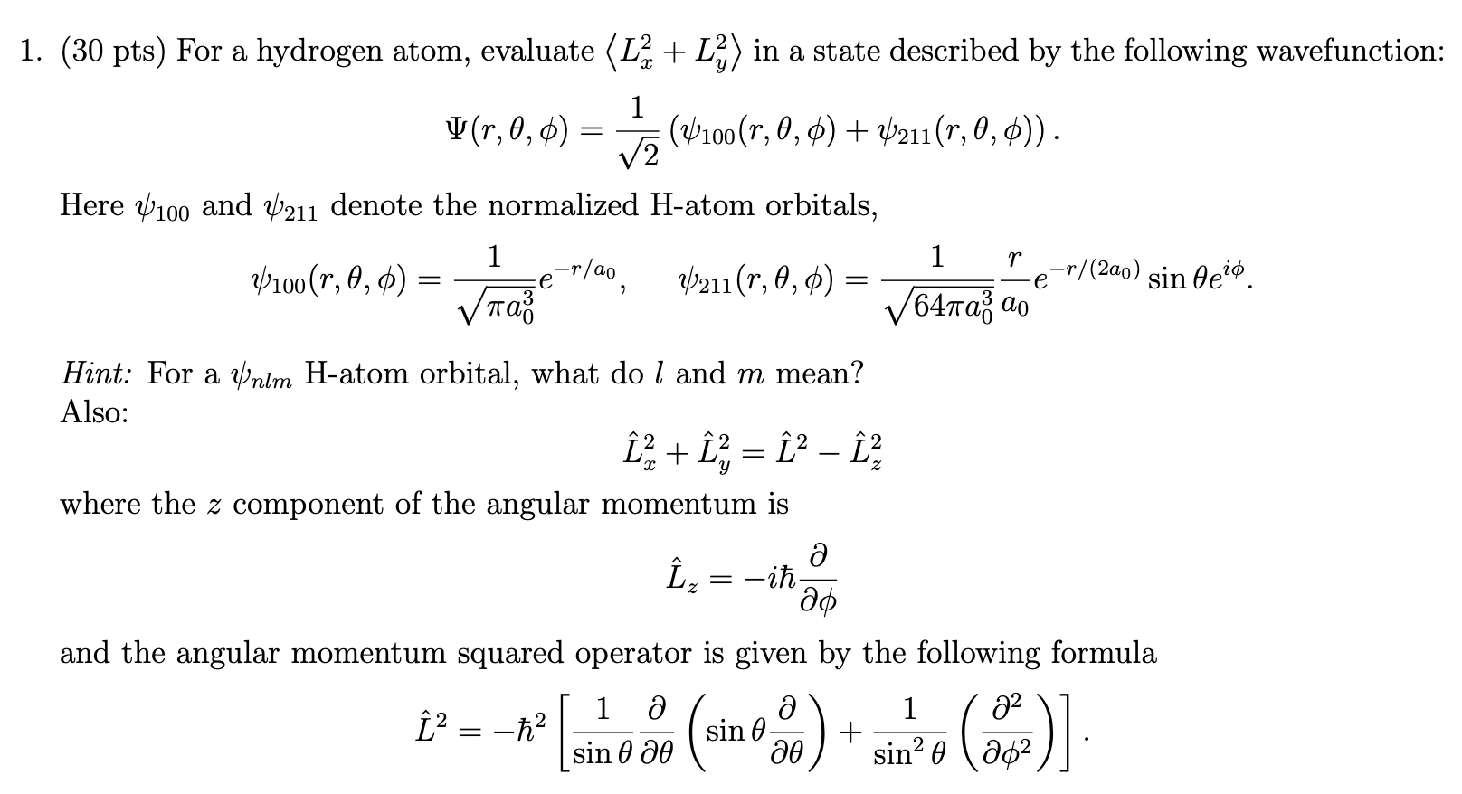 Solved (30 pts) ﻿For a hydrogen atom, evaluate | Chegg.com