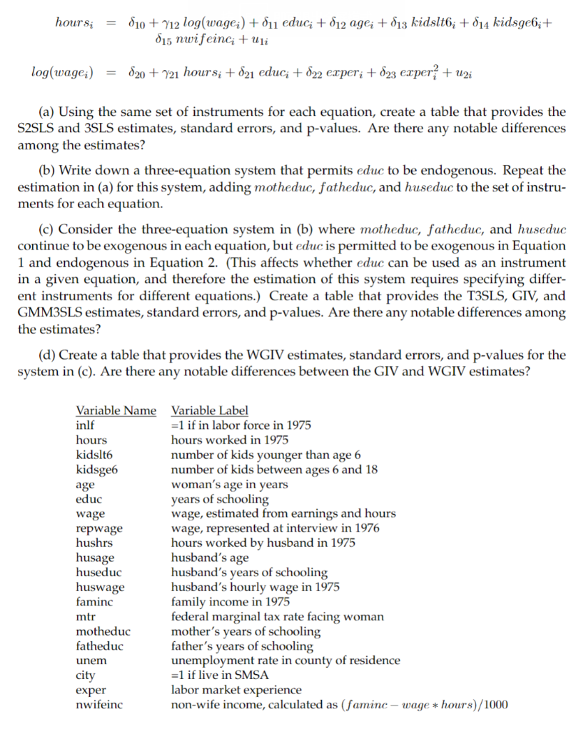 6. The problem uses the data in mroz.txt. The | Chegg.com