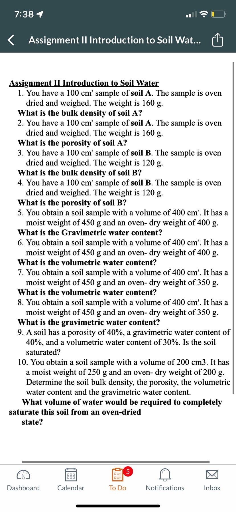 Solved Assignment II Introduction to Soil Water 1. You have | Chegg.com