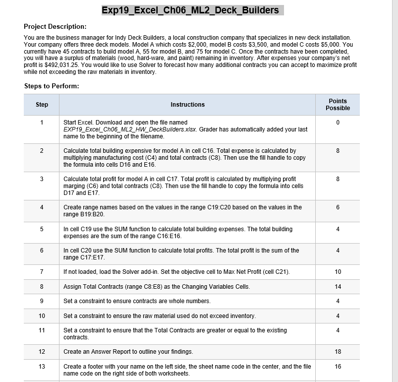 Exp19_Excel_Ch06_ML2_Deck_Builders Project | Chegg.com