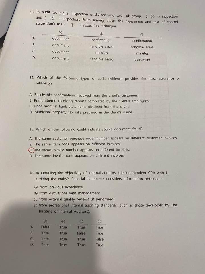 Solved 13. In audit technique, Inspection is divided into | Chegg.com