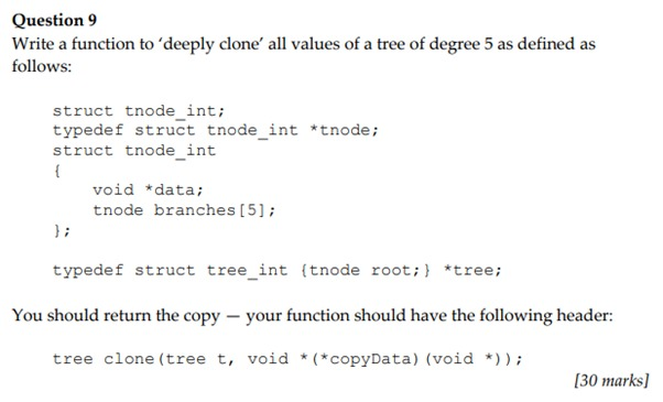 Solved Question 9 Write Function Deeply Clone Values Tree Degree 5 Defined Follows Struct