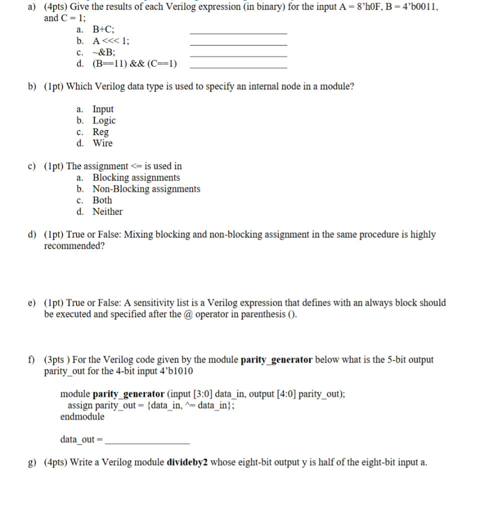 Solved a) (4pts) Give the results of each Verilog expression | Chegg.com