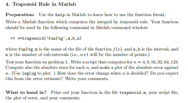 Solved . Trapezoid Rule in Matlab Preparation: Use the help | Chegg.com