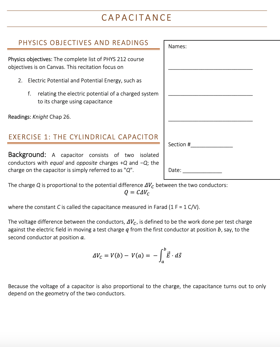 Solved CAPACITANCE PHYSICS OBJECTIVES AND READINGS Names: | Chegg.com