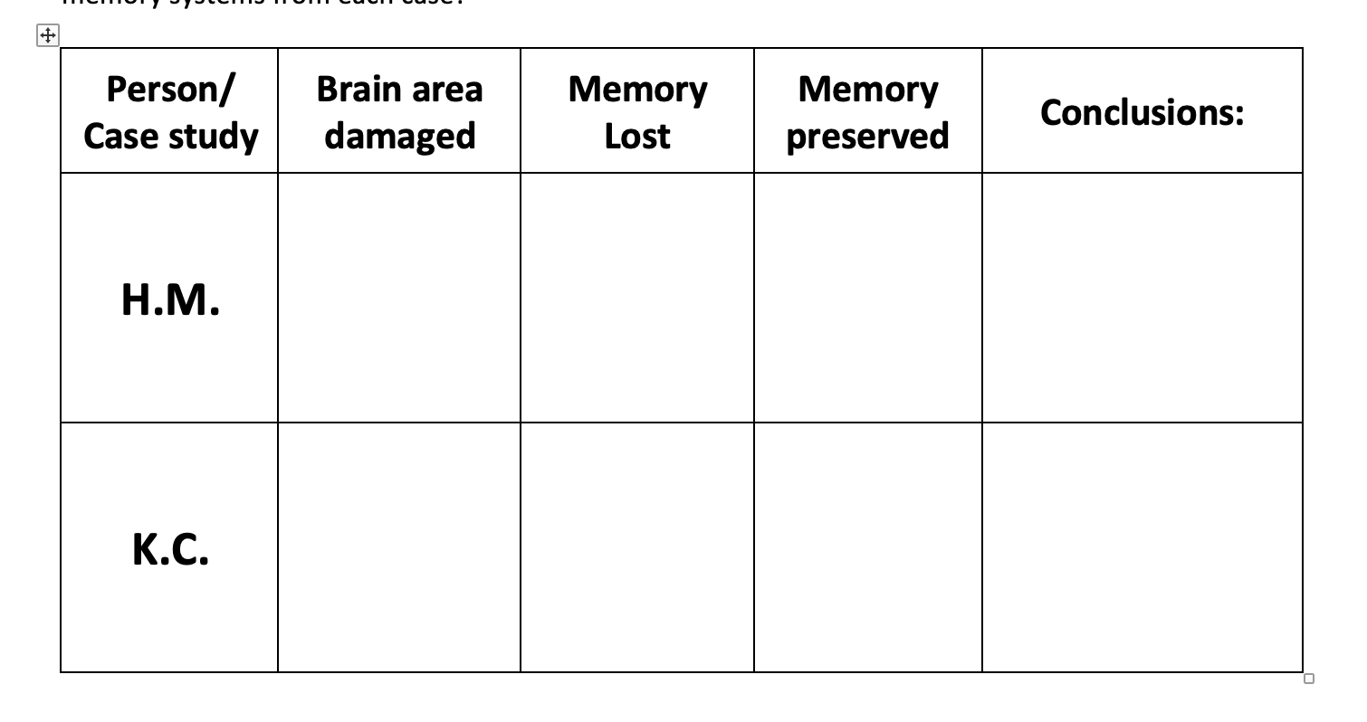 Person/ Case study H.M. K.C. Brain area damaged | Chegg.com