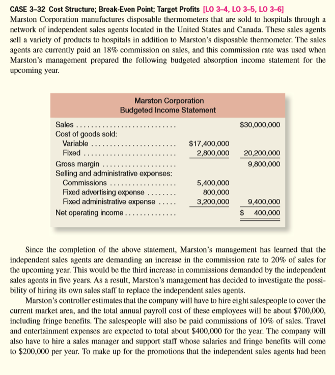 Solved CASE 3-32 Cost Structure; Break-Even Point; Target | Chegg.com