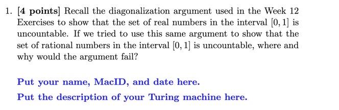 1. [4 points) Recall the diagonalization argument | Chegg.com